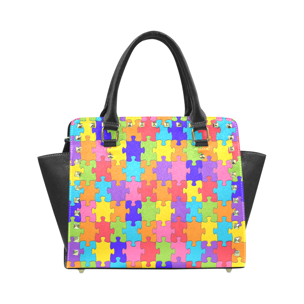Multicolored Jigsaw Puzzle Rivet Shoulder Handbag (Model 1645) | ID ...