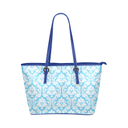 damask pattern bright blue and white Leather Tote Bag/Large (Model 1651 ...