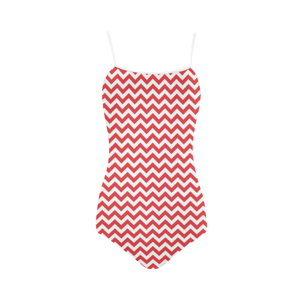 Poppy Red and white small zigzag chevron Strap Swimsuit ( Model S05 ...
