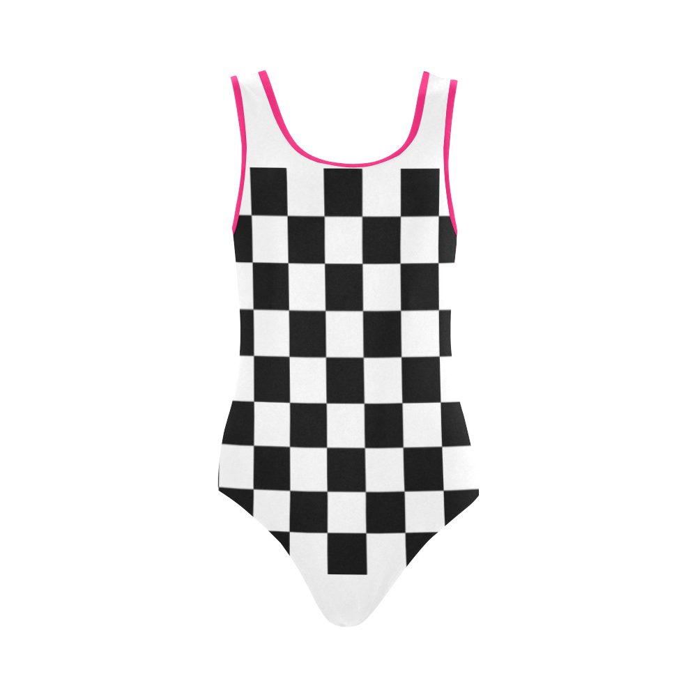 Checkerboard Black and White Vest One Piece Swimsuit (Model S04) | ID ...