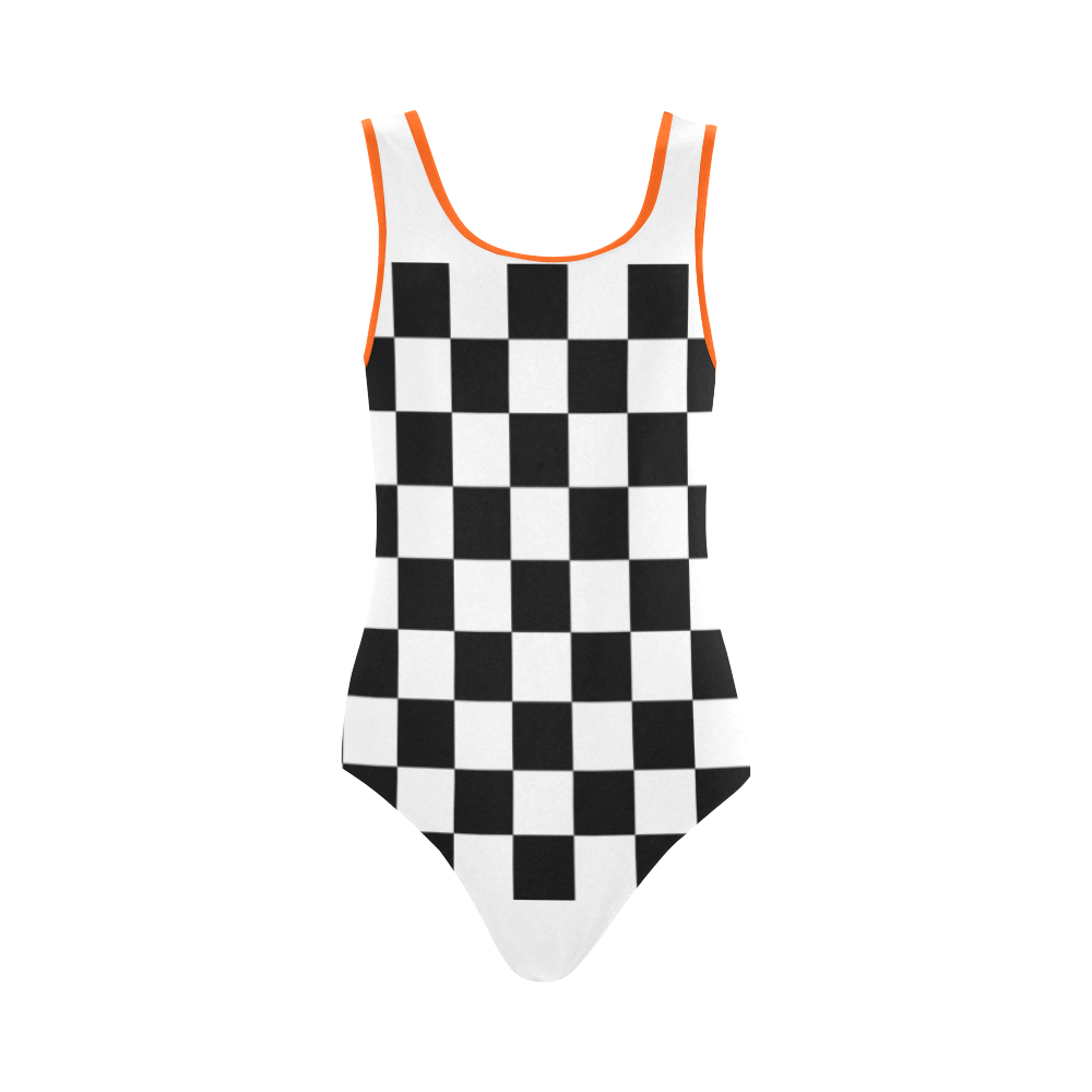 Checkerboard Black and White Vest One Piece Swimsuit (Model S04) | ID ...