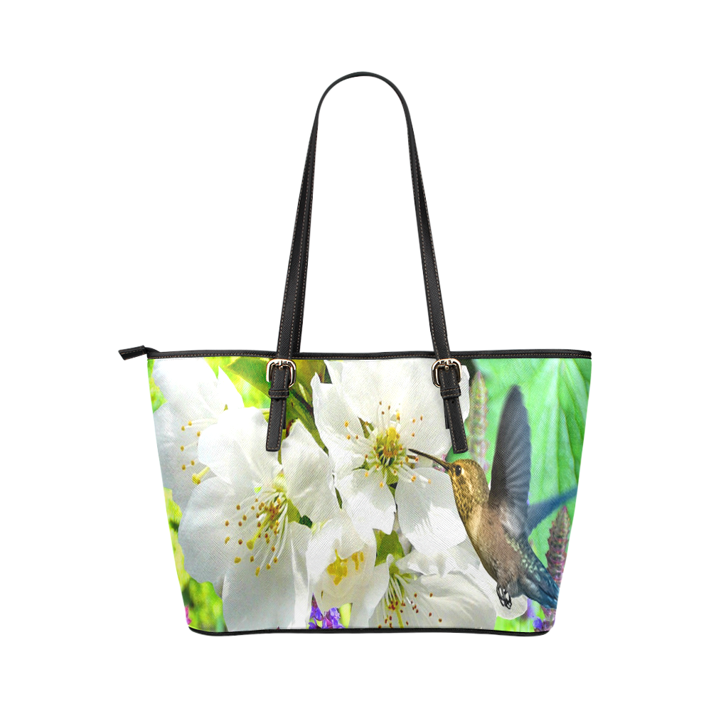 Peach Blossom Hummingbird Leather Tote Bag/Small (Model 1651) | ID: D402960