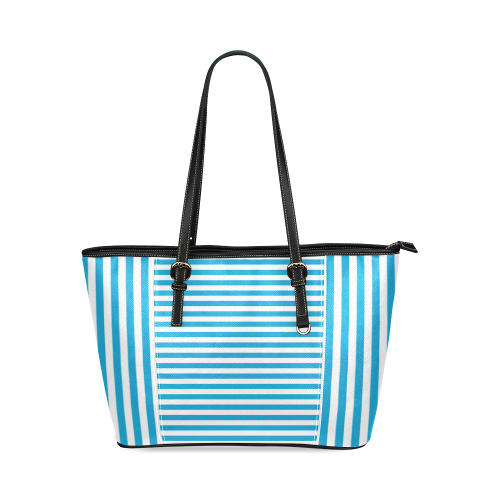 Solid Cyan With White Stripes Leather Tote Bag/Small (Model 1640) | ID ...