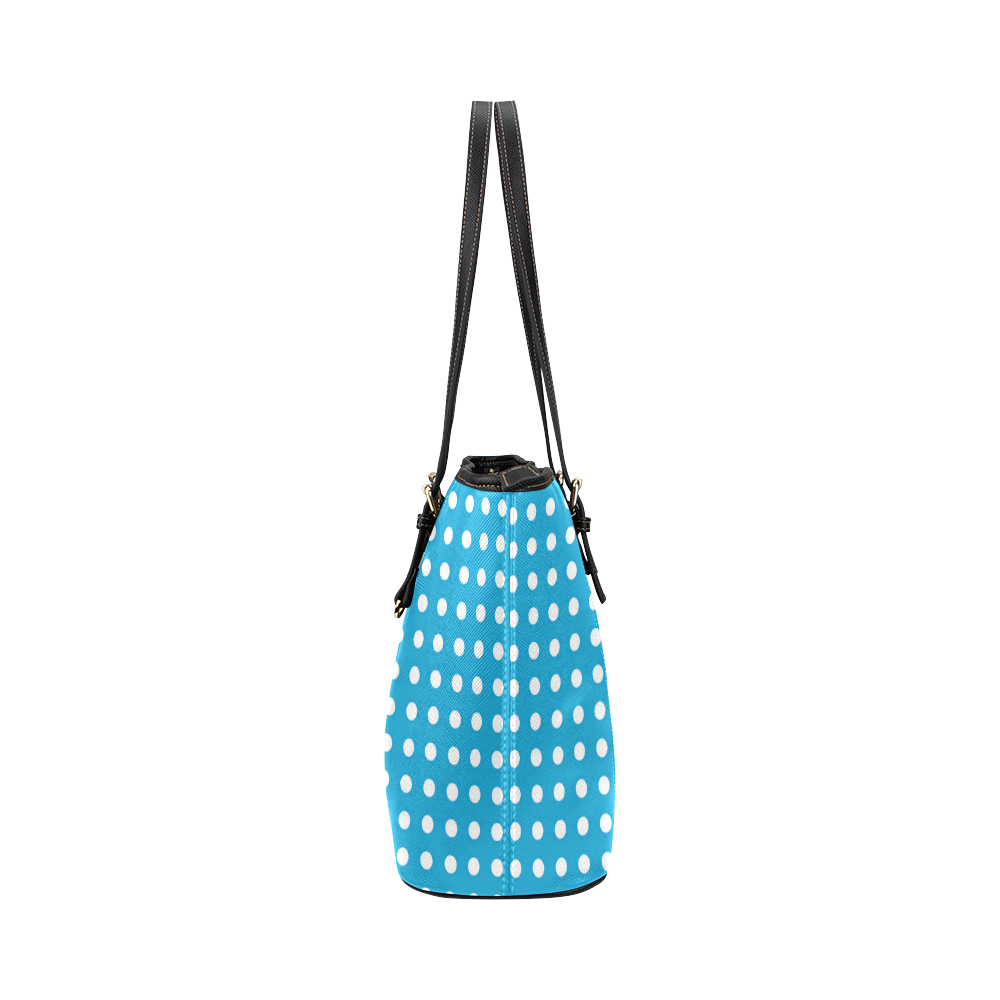 Solid Cyan With White Dots Leather Tote Bag/Large (Model 1651) | ID ...