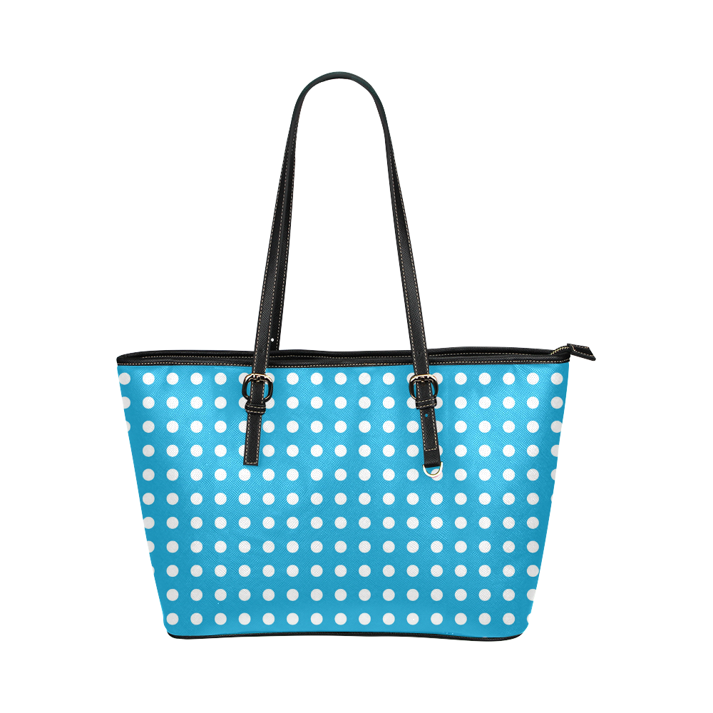 Solid Cyan With White Dots Leather Tote Bag/Large (Model 1651) | ID ...