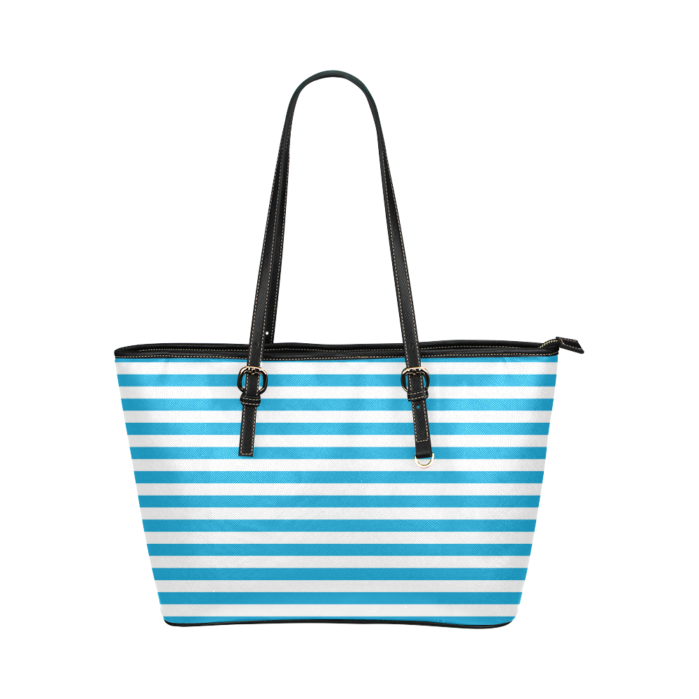 Solid Cyan With White Stripes Leather Tote Bag/Small (Model 1651) | ID ...