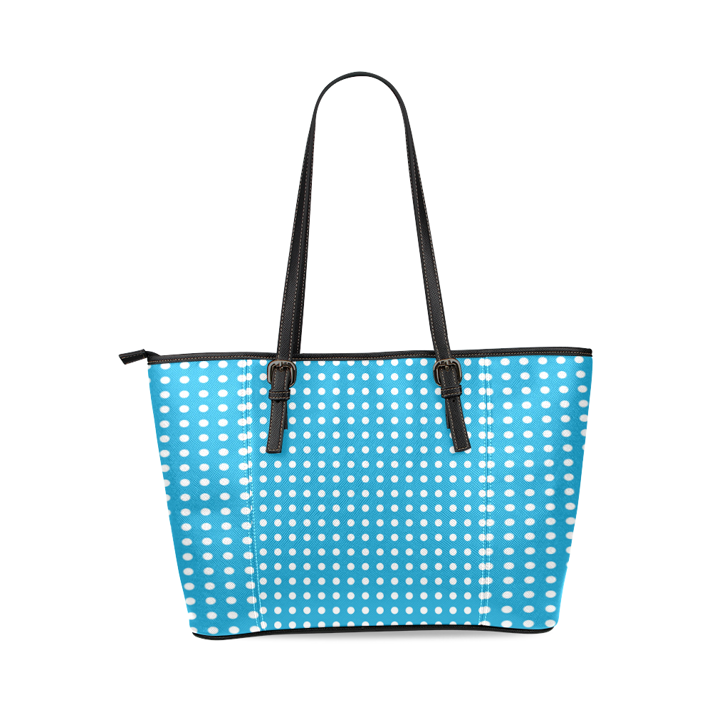 Solid Cyan With White Dots Leather Tote Bag/Small (Model 1640) | ID ...