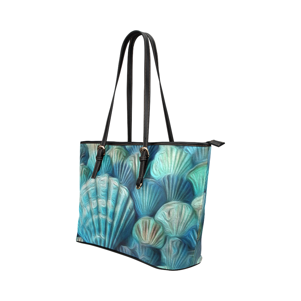Painted blue and green seashells Leather Tote Bag/Small (Model 1651 ...