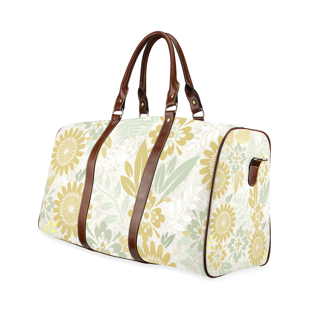 Flower pattern in sage and gold Waterproof Travel Bag/Large (Model 1639 ...