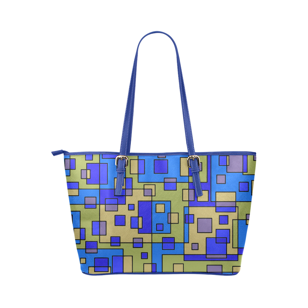 Blue Beige Abstract Square Leather Tote Bag/Large (Model 1651) | ID ...