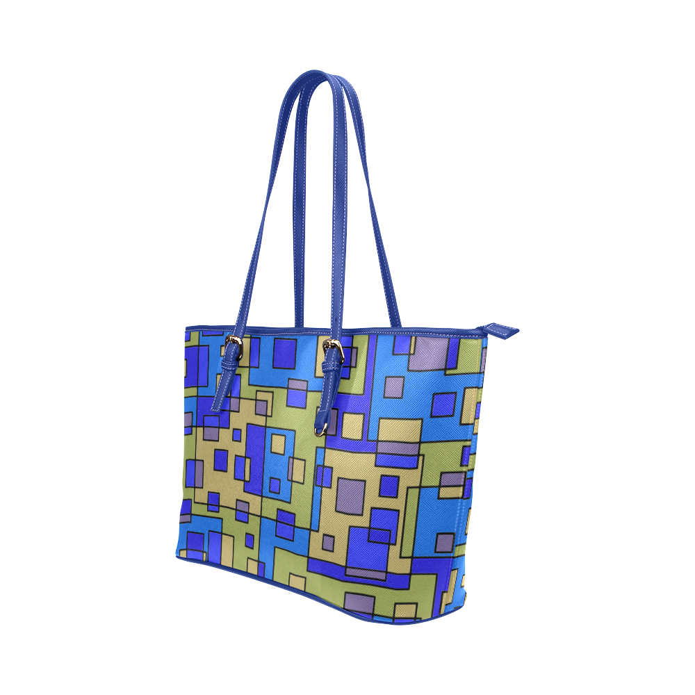 Blue Beige Abstract Square Leather Tote Bag/Large (Model 1651) | ID ...