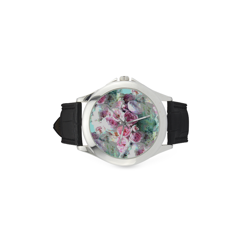 Pink Flowers Women's Classic Leather Strap Watch(Model 203) | ID: D631745