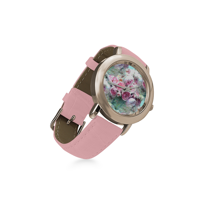Pink Flowers Women's Rose Gold Leather Strap Watch(Model 201) | ID: D631620