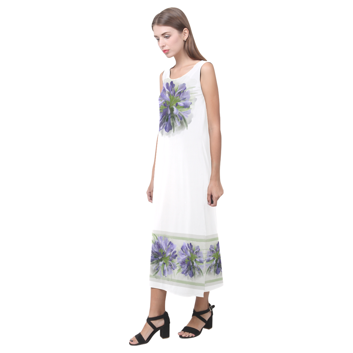 Purple Flowers, green lines Phaedra Sleeveless Open Fork Long Dress ...