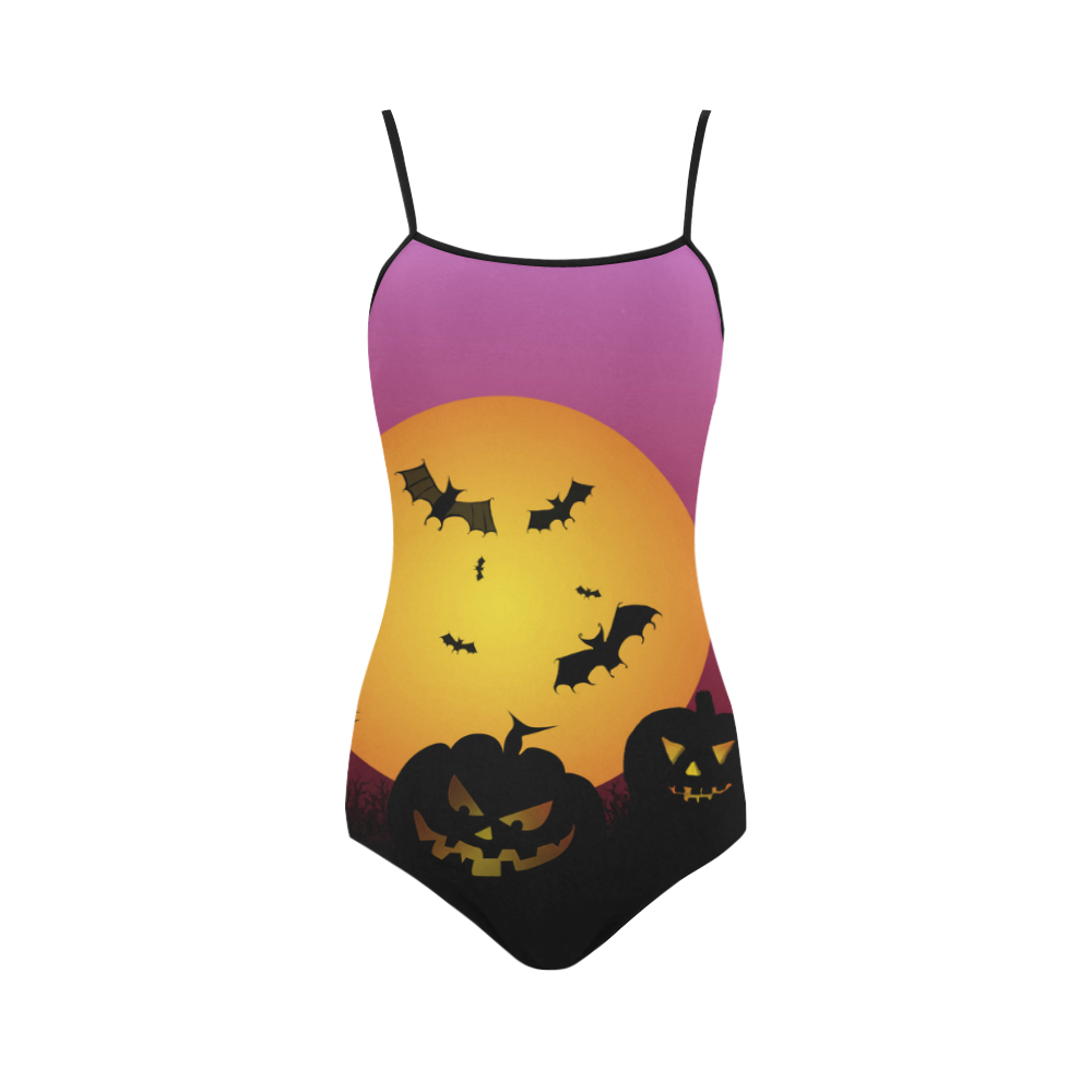 Spooky Halloween pumpkins and bats in pink Strap Swimsuit ( Model S05 ...