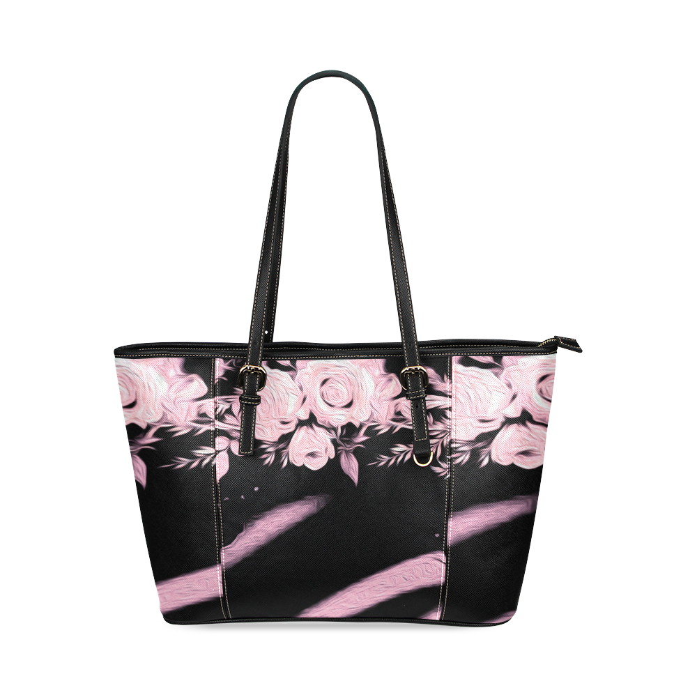 Pink Roses Leather Tote Bag/Small (Model 1640) | ID: D642925