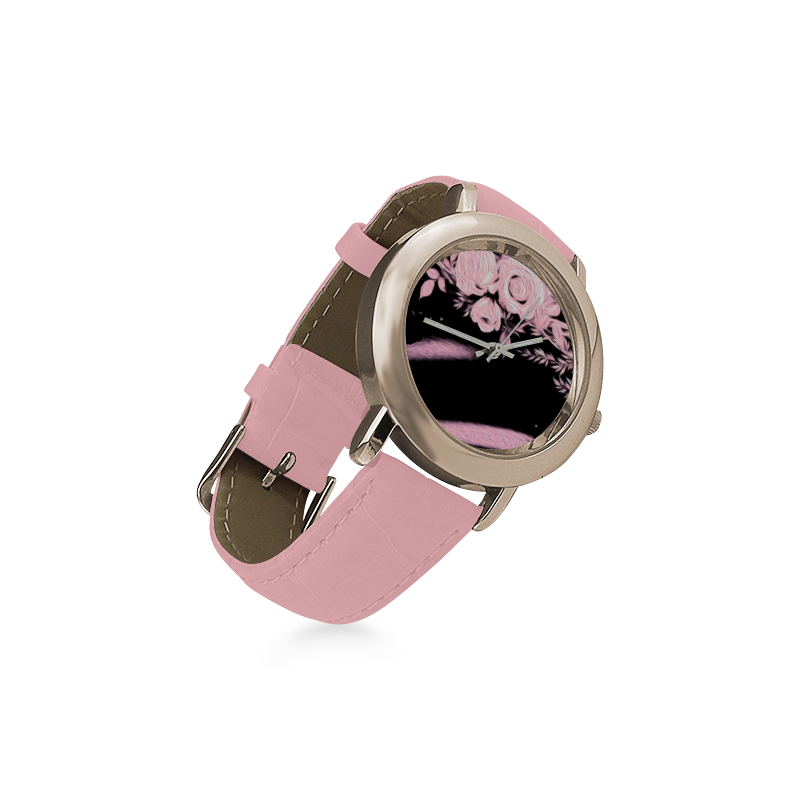 Pink Roses Women's Rose Gold Leather Strap Watch(Model 201) | ID: D643945