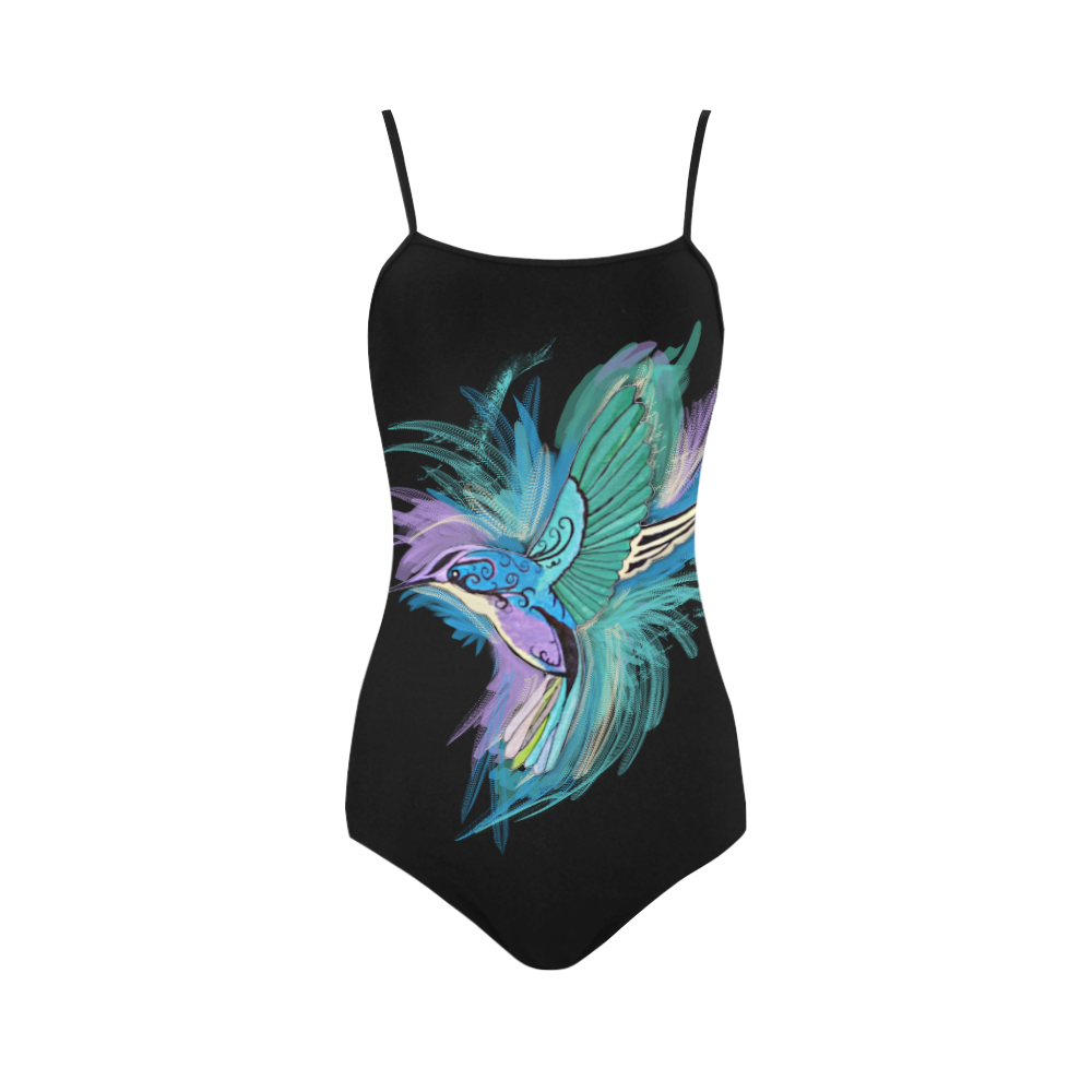 Handpainted Hummingbird Watercolor on Black Strap Swimsuit ( Model S05 ...