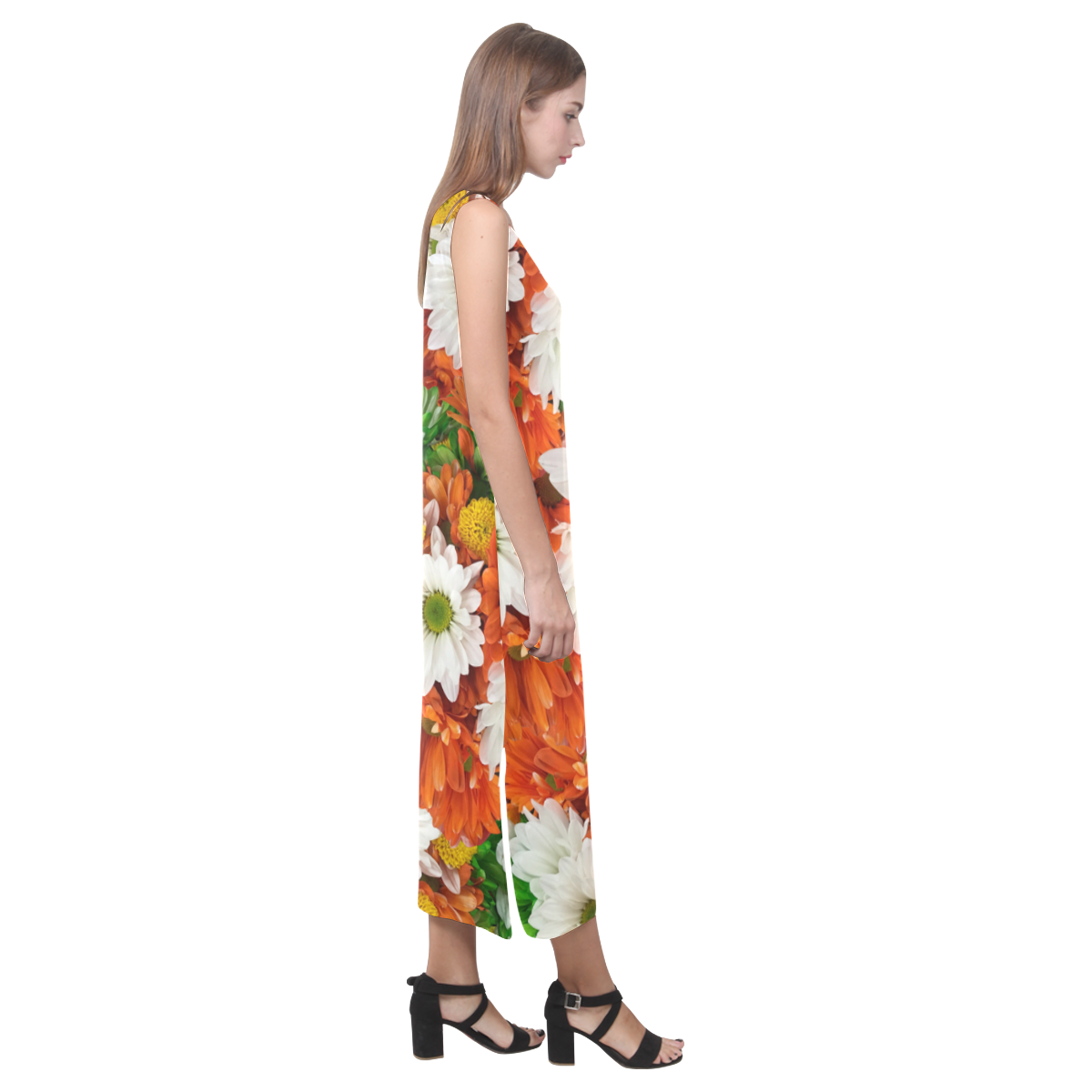 Green Orange White Daisies Phaedra Sleeveless Open Fork Long Dress ...