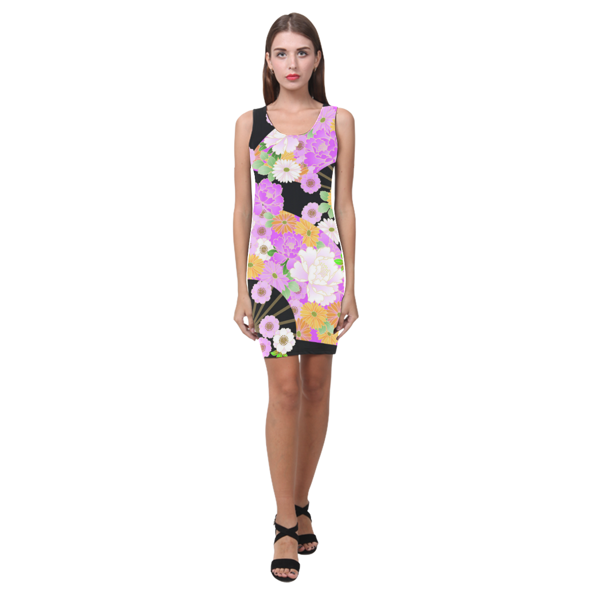 Flower Fans Cute Pink Japanese Floral Kimono Medea Vest Dress (Model ...