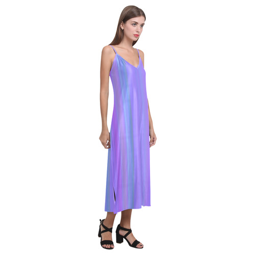 Purple Stripes V-Neck Open Fork Long Dress(Model D18) | ID: D888345