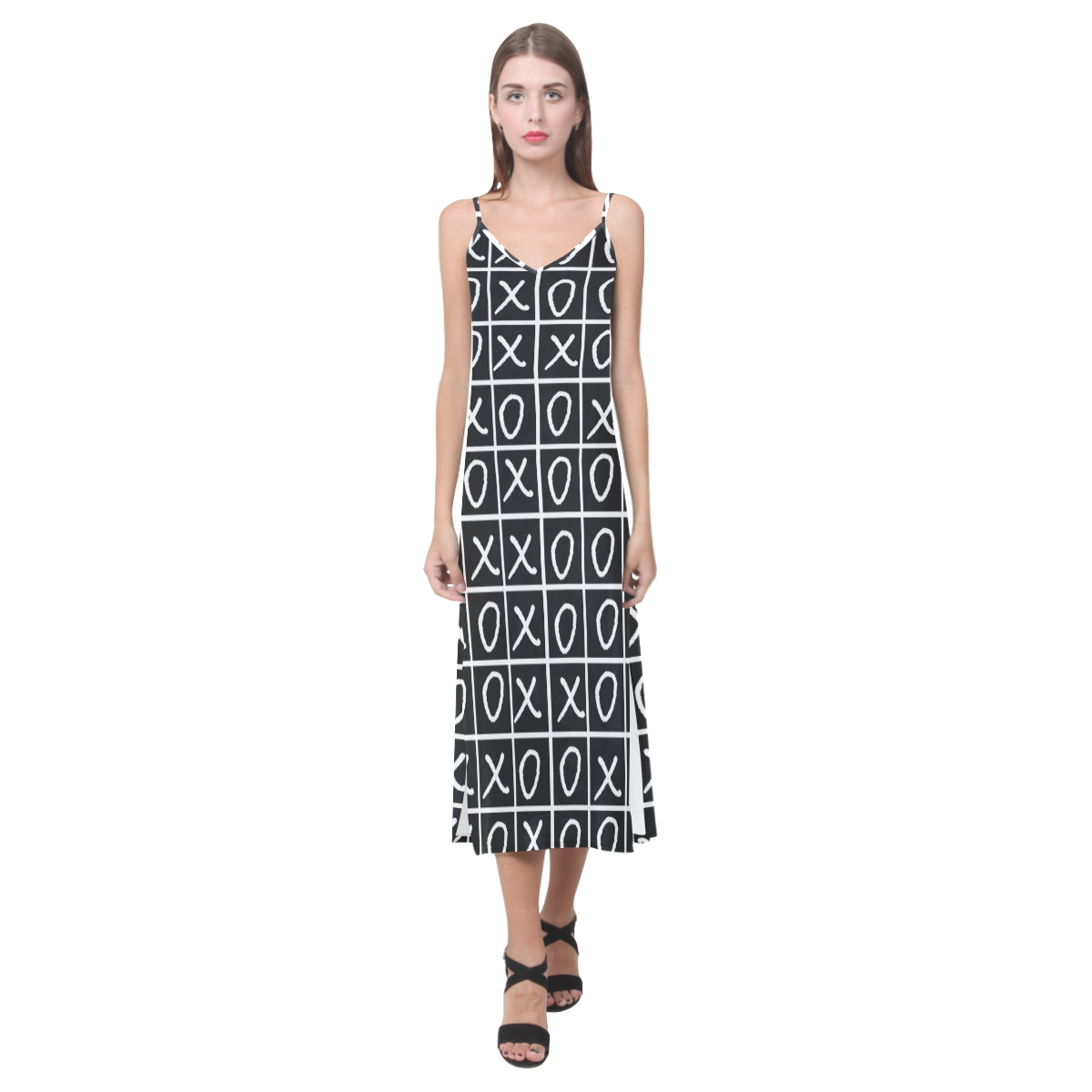OXO Game - Noughts and Crosses V-Neck Open Fork Long Dress(Model D18 ...