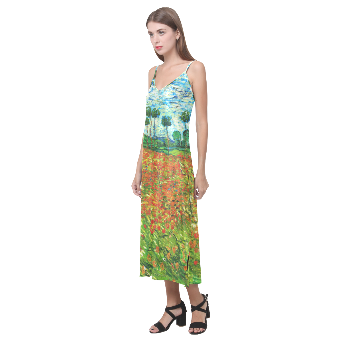 Vincent Van Gogh Field With Red Poppies V-Neck Open Fork Long Dress ...
