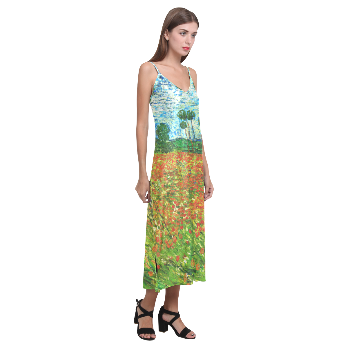 Vincent Van Gogh Field With Red Poppies V-Neck Open Fork Long Dress ...