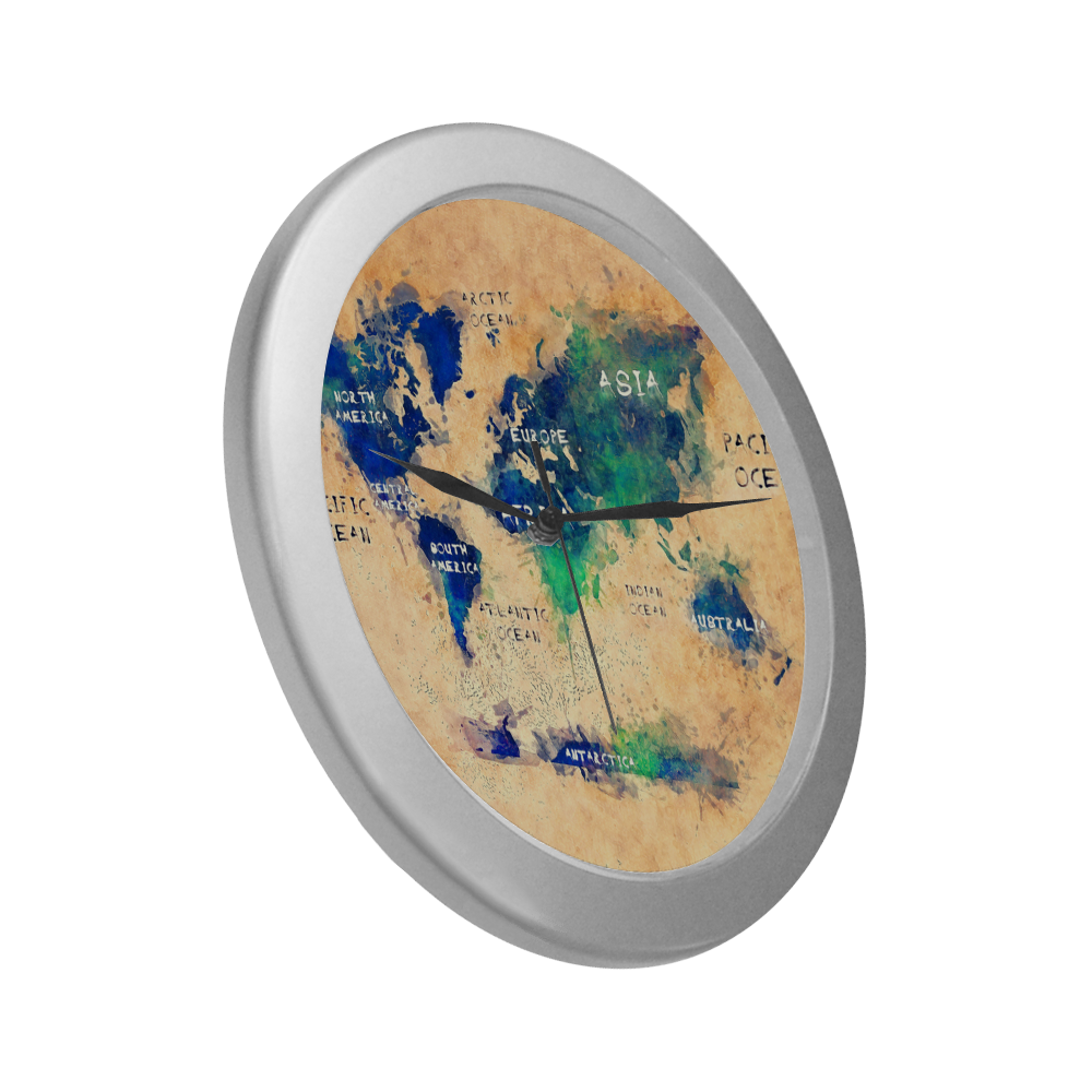 world map OCEANS and continents Silver Color Wall Clock | ID: D934813