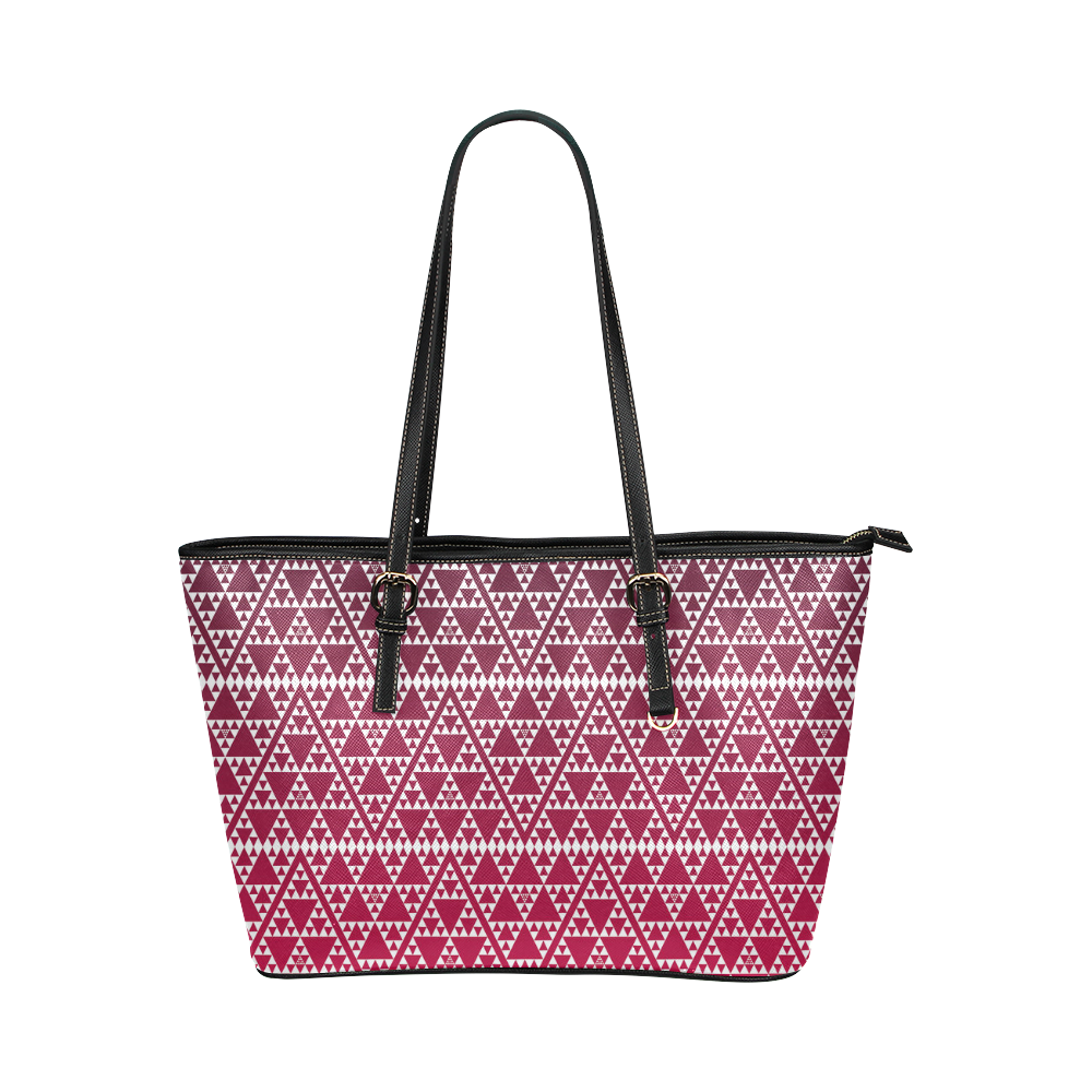 triangles in triangles pattern wht on red Leather Tote Bag/Large (Model ...