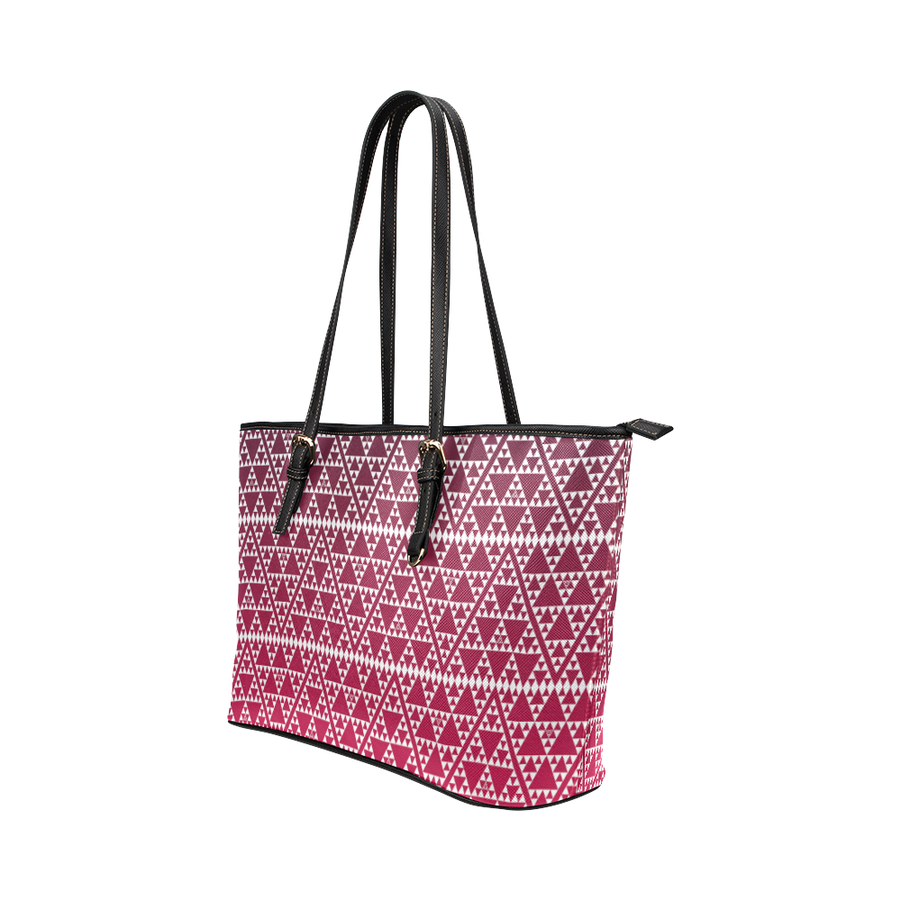 triangles in triangles pattern wht on red Leather Tote Bag/Large (Model ...