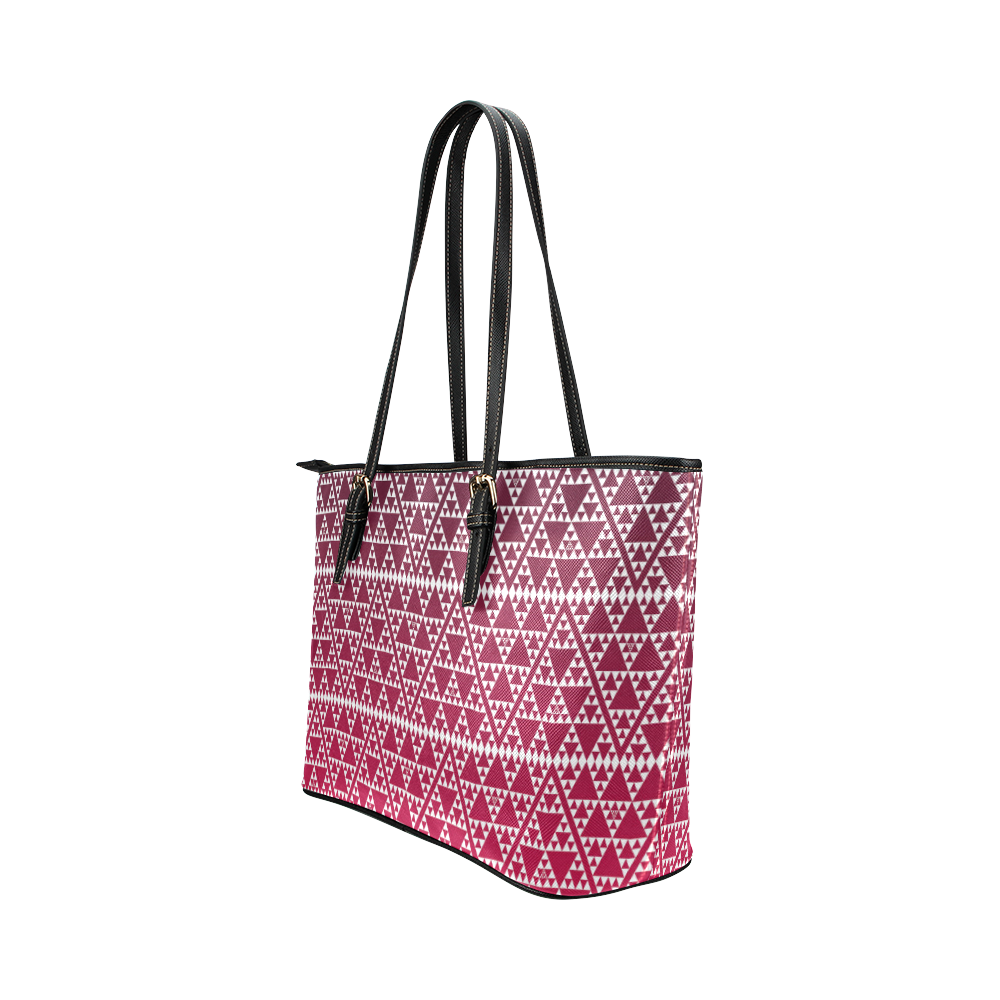 triangles in triangles pattern wht on red Leather Tote Bag/Large (Model ...