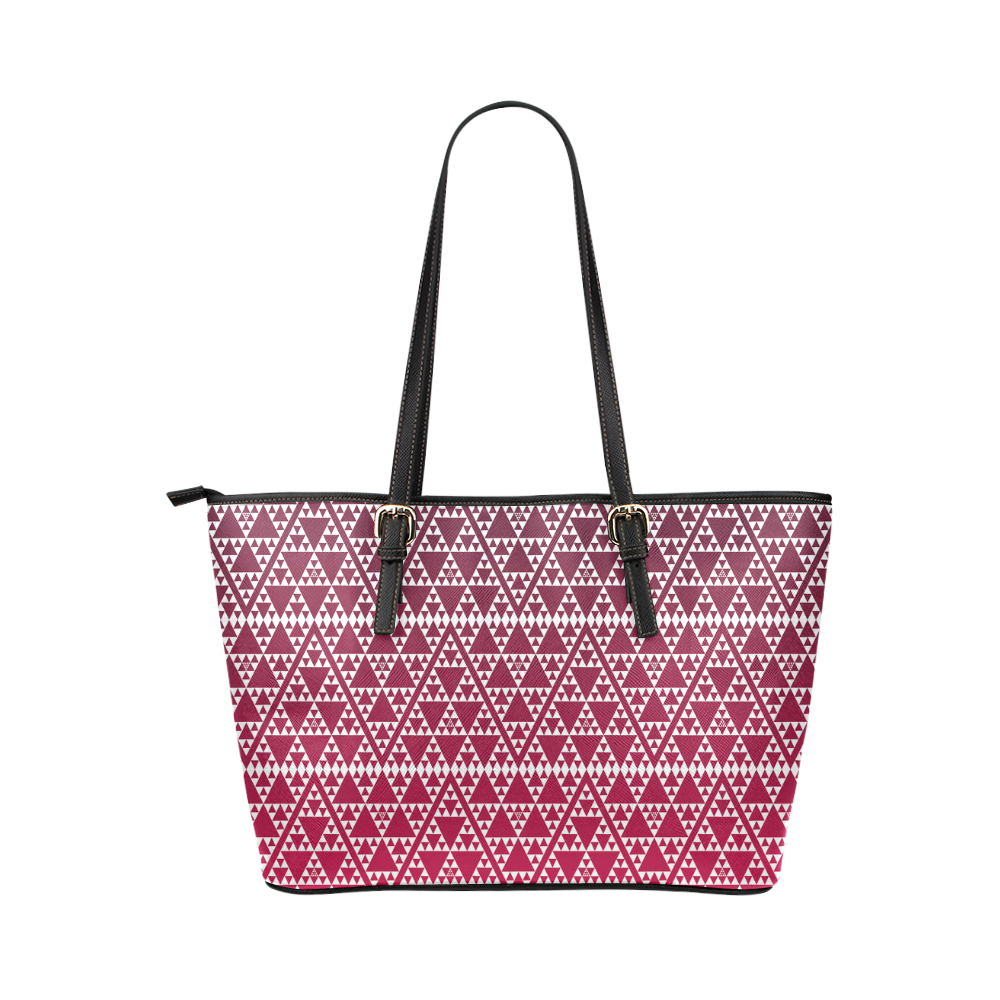triangles in triangles pattern wht on red Leather Tote Bag/Large (Model ...