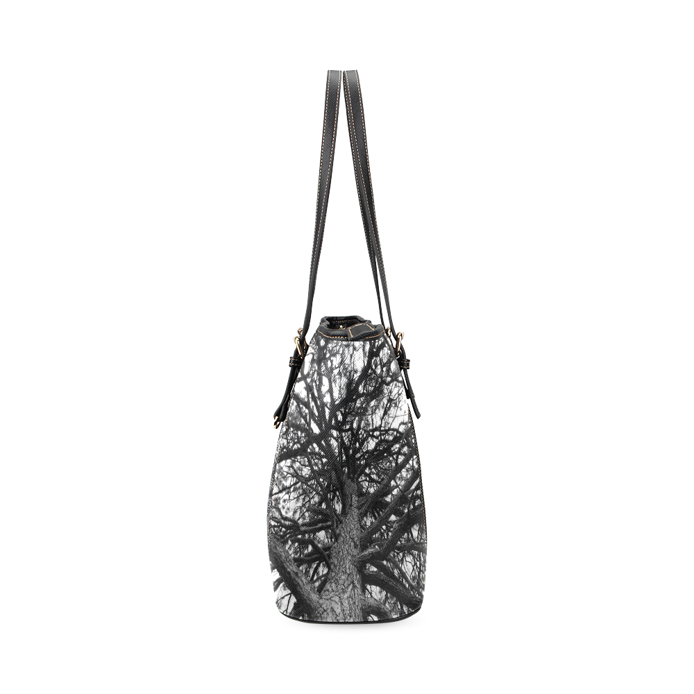 Tree Black and White Leather Tote Bag/Large (Model 1640) | ID: D1023720