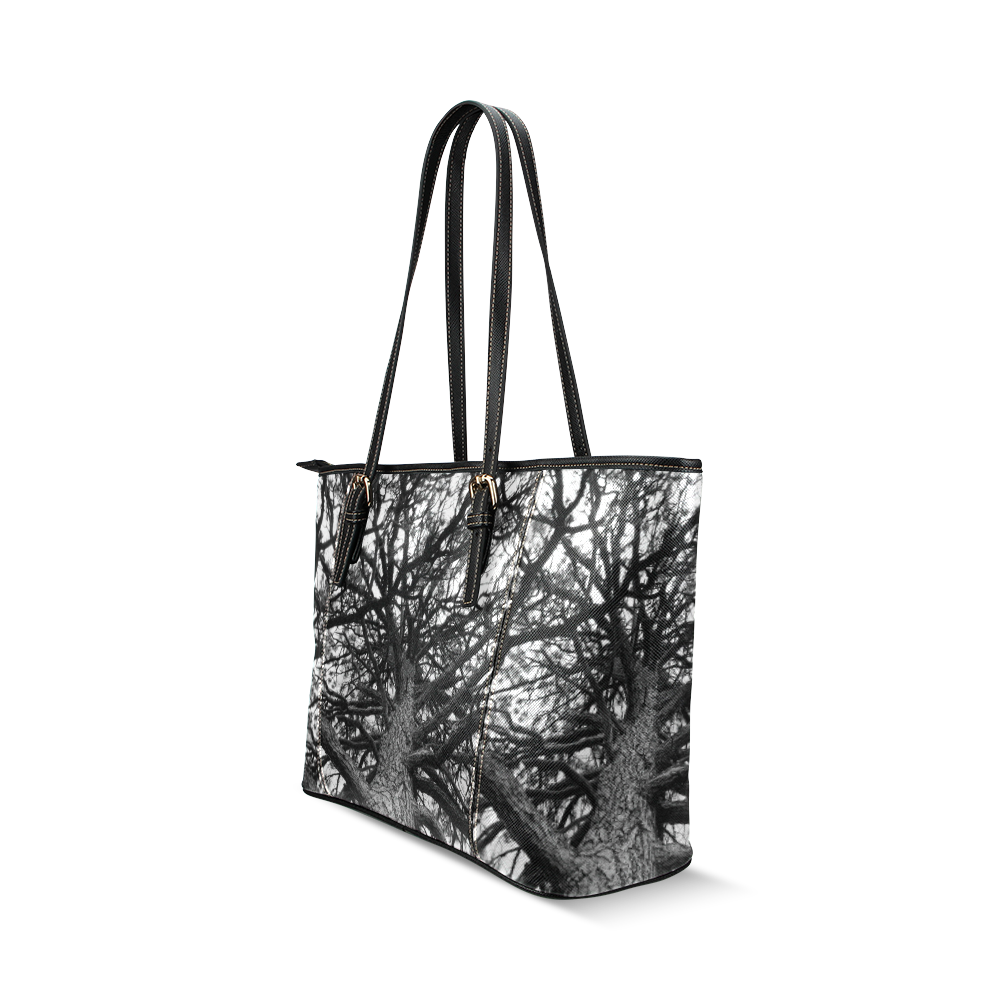 Tree Black and White Leather Tote Bag/Large (Model 1640) | ID: D1023720