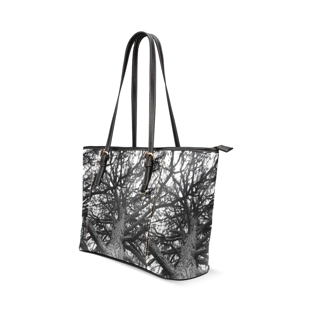 Tree Black and White Leather Tote Bag/Large (Model 1640) | ID: D1023720