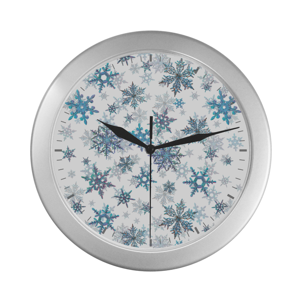 Snowflakes, Blue snow, stitched Silver Color Wall Clock | ID: D1023118