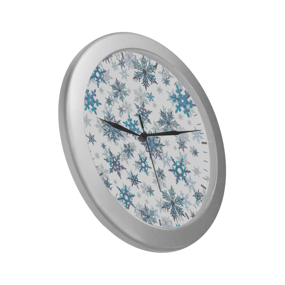 Snowflakes, Blue snow, stitched Silver Color Wall Clock | ID: D1023118