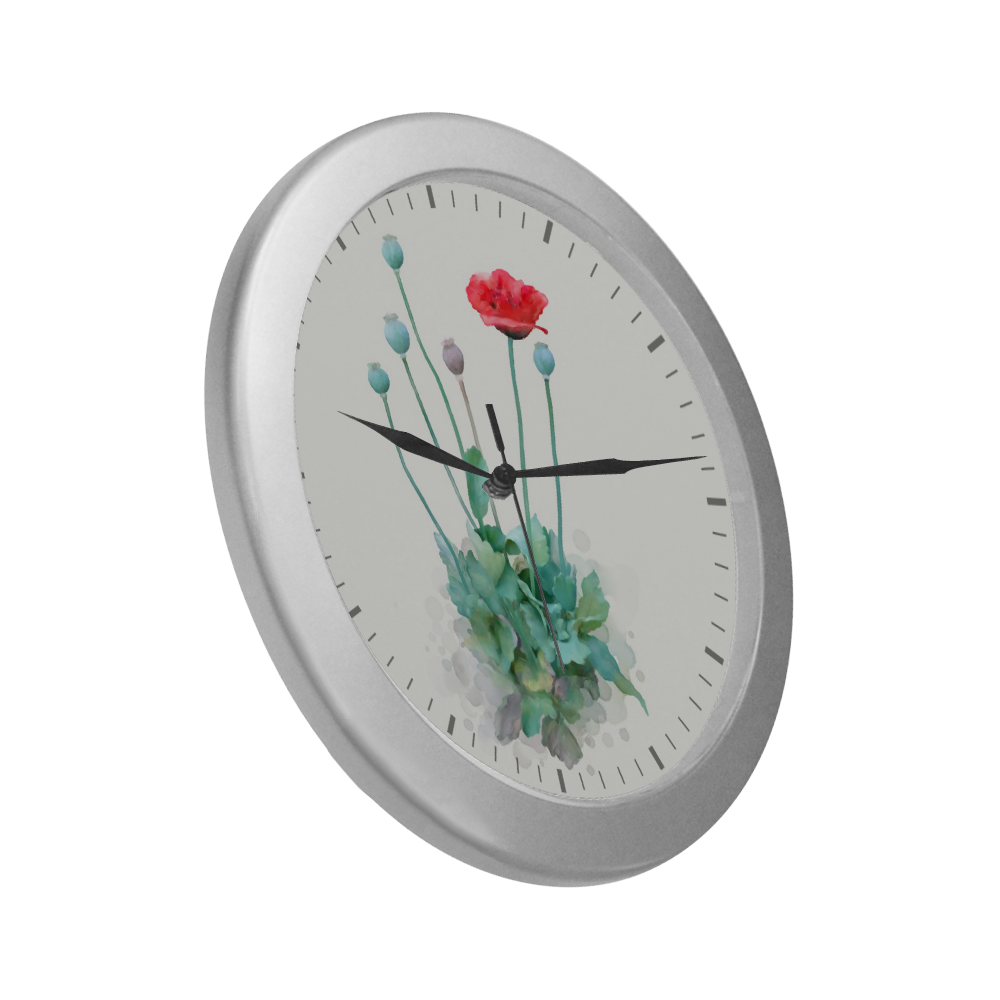 Watercolor Poppy, botanical illustration Silver Color Wall Clock | ID ...