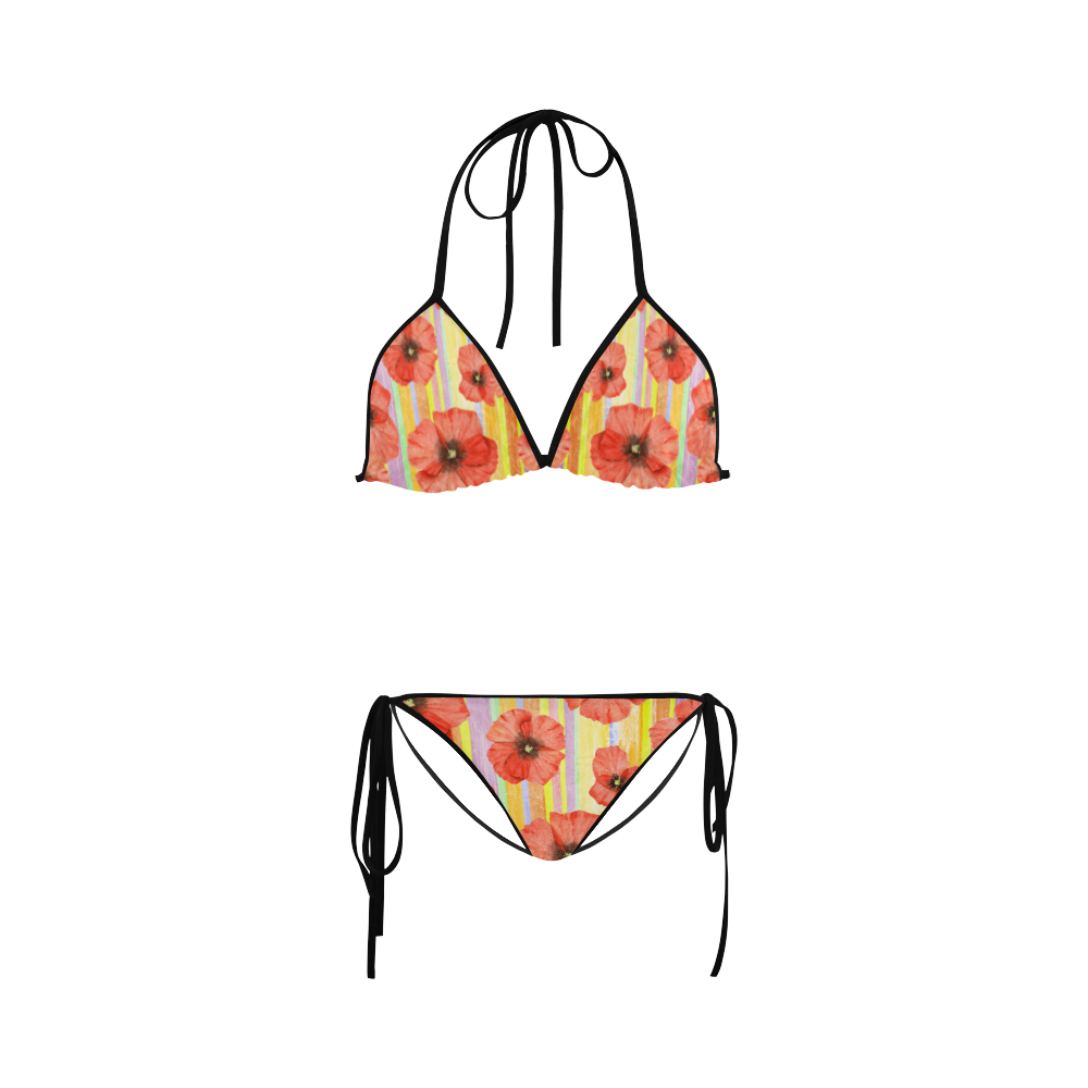 Watercolor STRIPES red POPPIES Blossoms Custom Bikini Swimsuit | ID ...