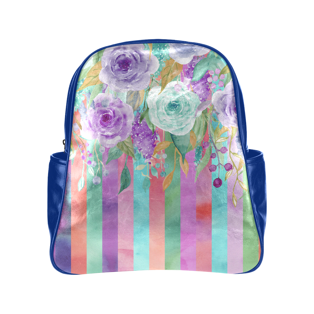 Watercolor Flowers Stripes Cyan Purple Orange Multi-Pockets Backpack ...