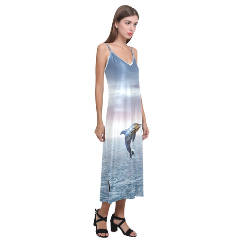 steampunk jumping dolphins V-Neck Open Fork Long Dress(Model D18) | ID ...