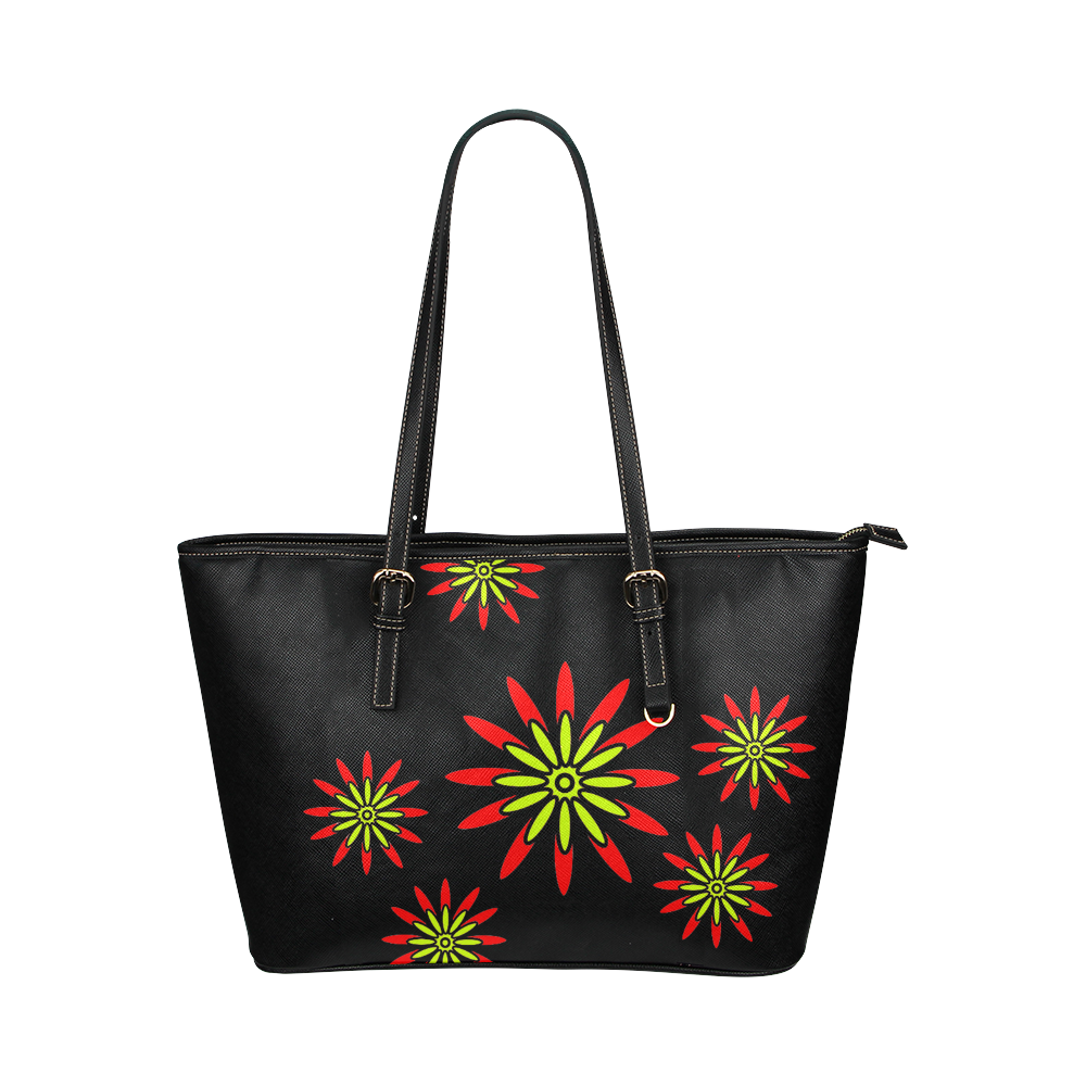 Red Flowers Leather Tote Bag/Small (Model 1651) | ID: D1120146