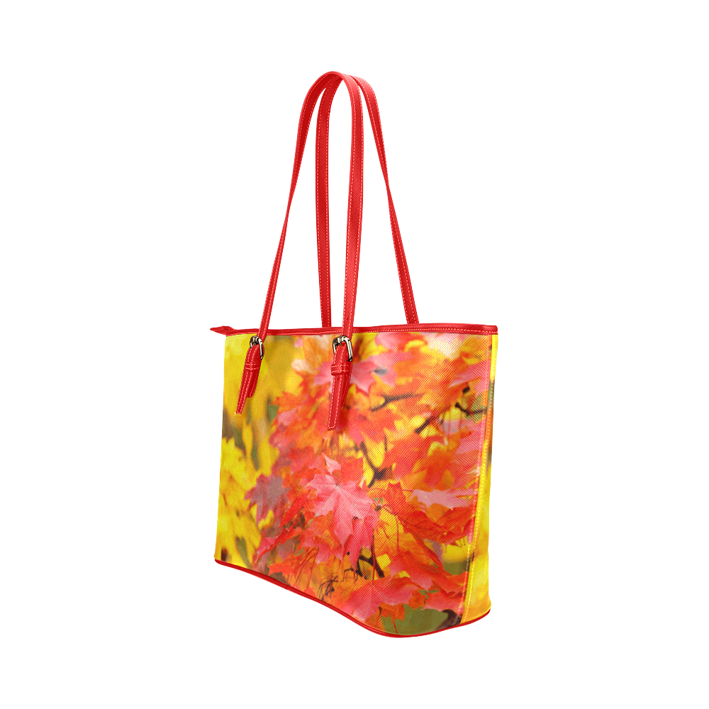 Beautiful Red Yellow Autumn Leaves Leather Tote Bag/Large (Model 1651 ...