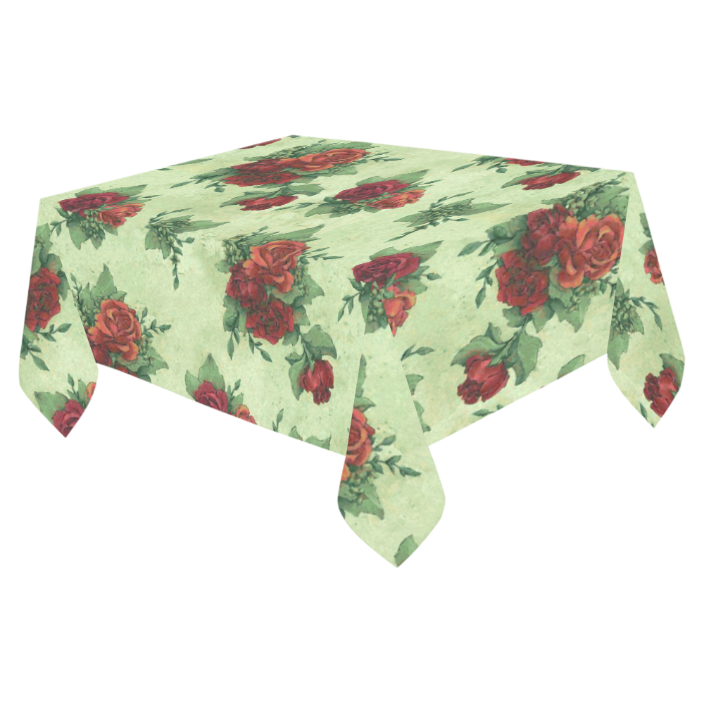 Red Roses Violets Vintage Victorian Floral Cotton Linen Tablecloth 52"x ...