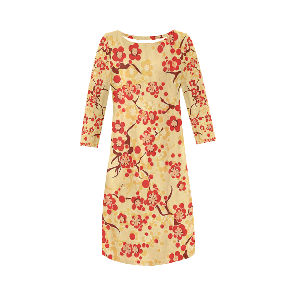 Red Sakura Vintage Japanese Floral Round Collar Dress (D22) | ID: D1181337