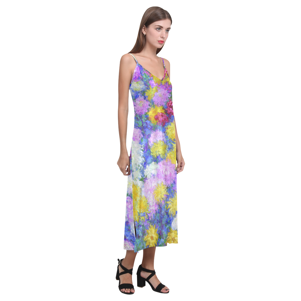 Claude Monet Chrysanthemums Floral Art V-Neck Open Fork Long Dress ...