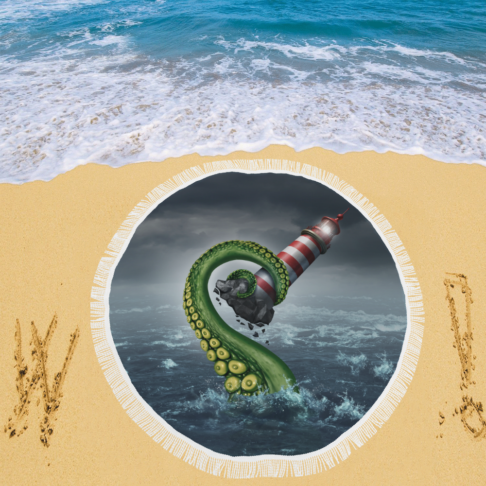 Sea Monster Attack Lighthouse Circular Beach Shawl 59"x 59" | ID: D1224574