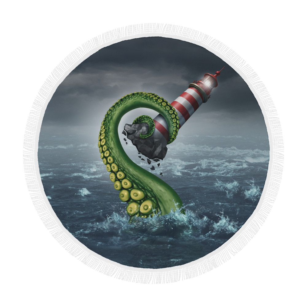 Sea Monster Attack Lighthouse Circular Beach Shawl 59"x 59" | ID: D1224574