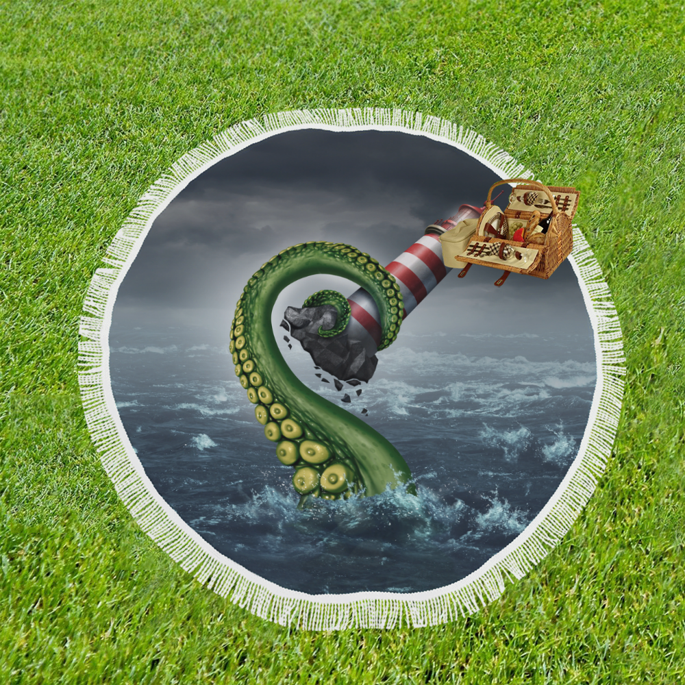 Sea Monster Attack Lighthouse Circular Beach Shawl 59"x 59" | ID: D1224574